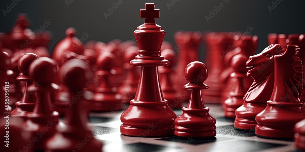 Red chess figures on the chessboard. Red queen chess, standing against ...