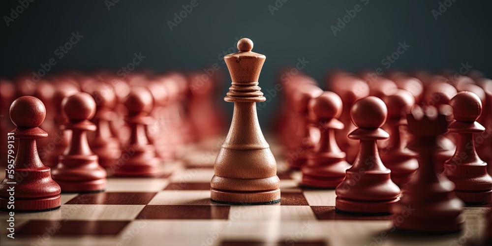 Red chess figures on the chessboard. Red queen chess, standing against ...