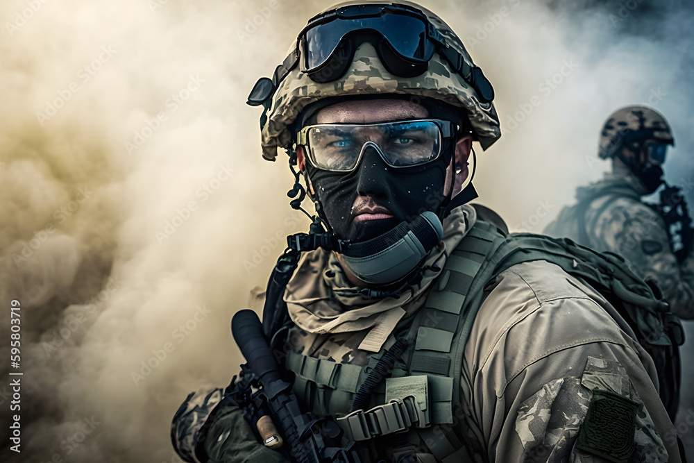 Fully equipped soldier in a camouflage uniform emerging from a puff of ...