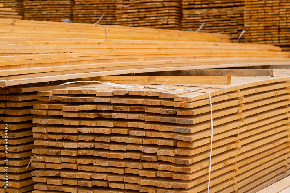 Wooden boards, lumber, industrial wood, timber. Pine wood timber stack ...