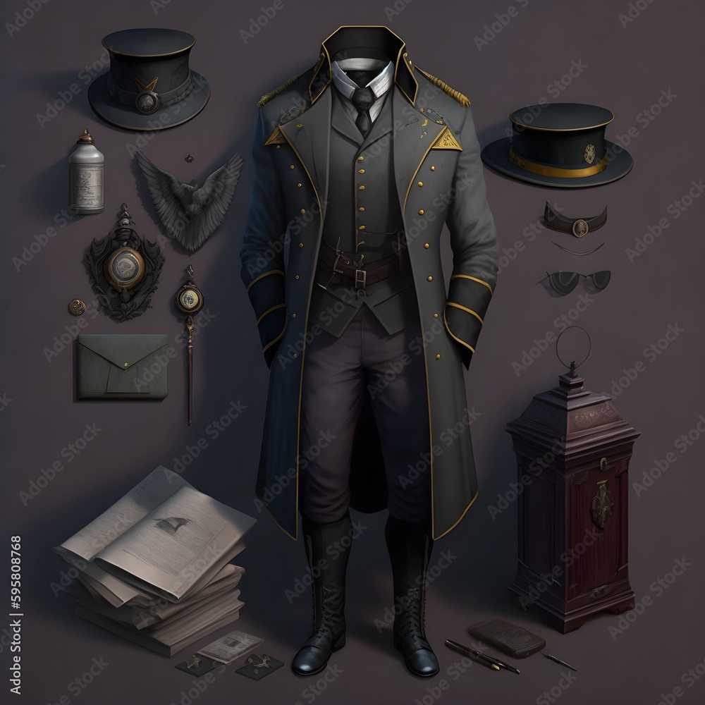 Victorian Gothic Inspector Uniform Game magic item grey background ...