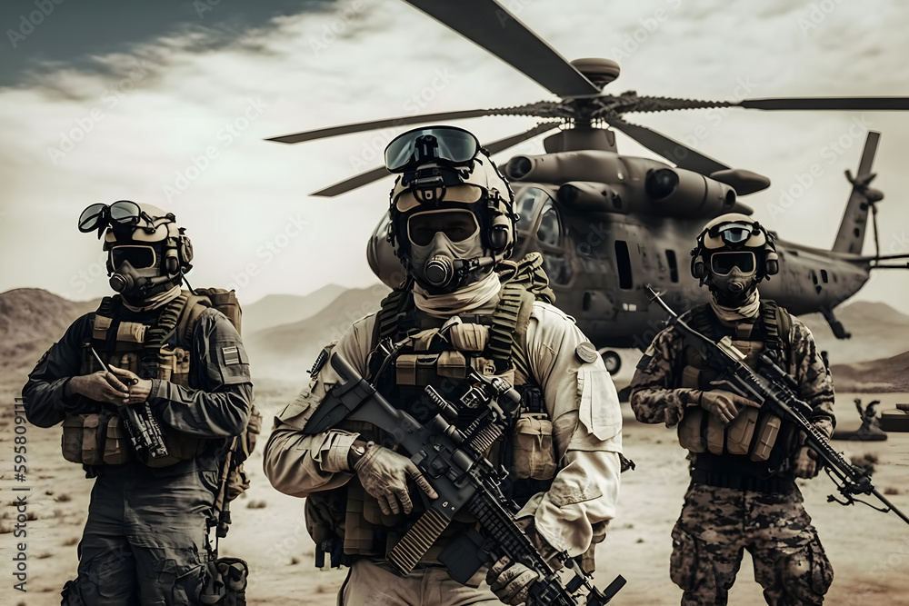 Special force assault team in a mission with helicopter background ...