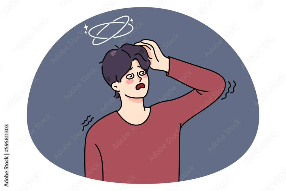 Unhappy sick man feel unwell suffer from dizziness or blurry vision ...