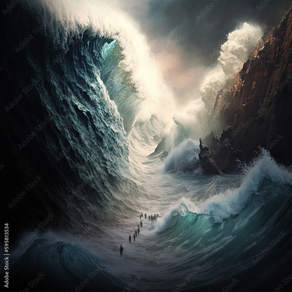 Moses with Israelites crossing Red sea with foamy waves during exodus ...