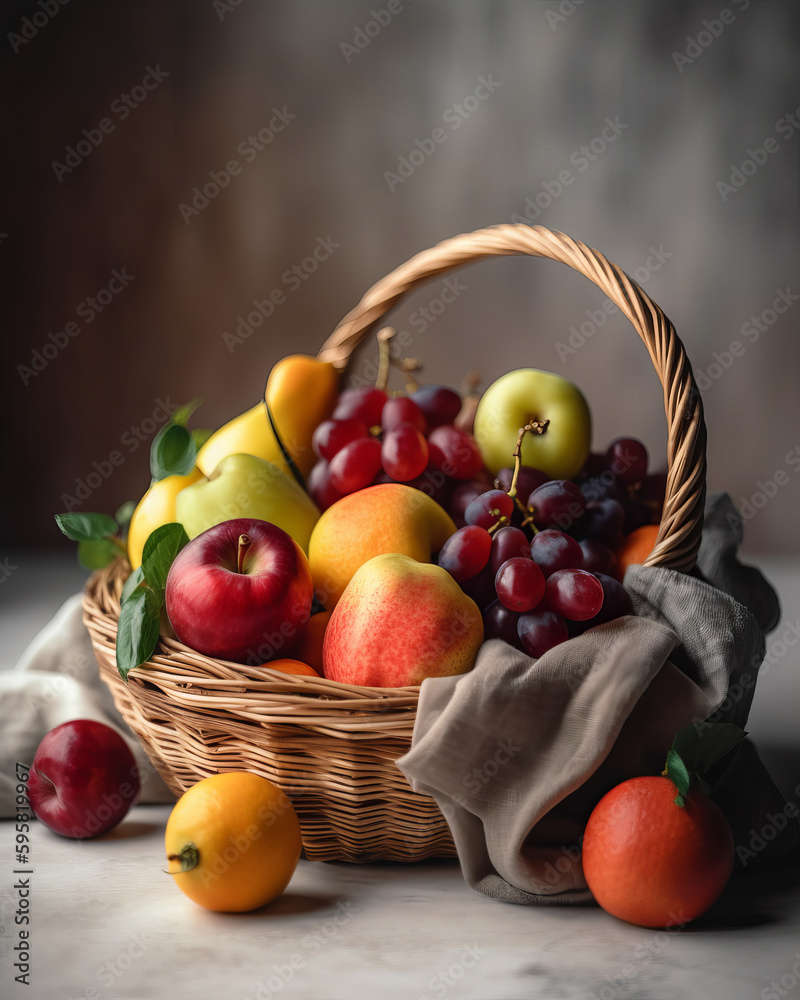 A still life arrangement of different types of colorful fruits in a ...