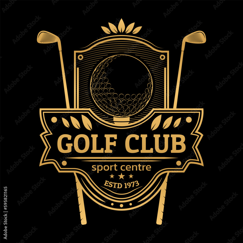 Golf club logo, icon or badge design with ball on a tee and golf sticks ...