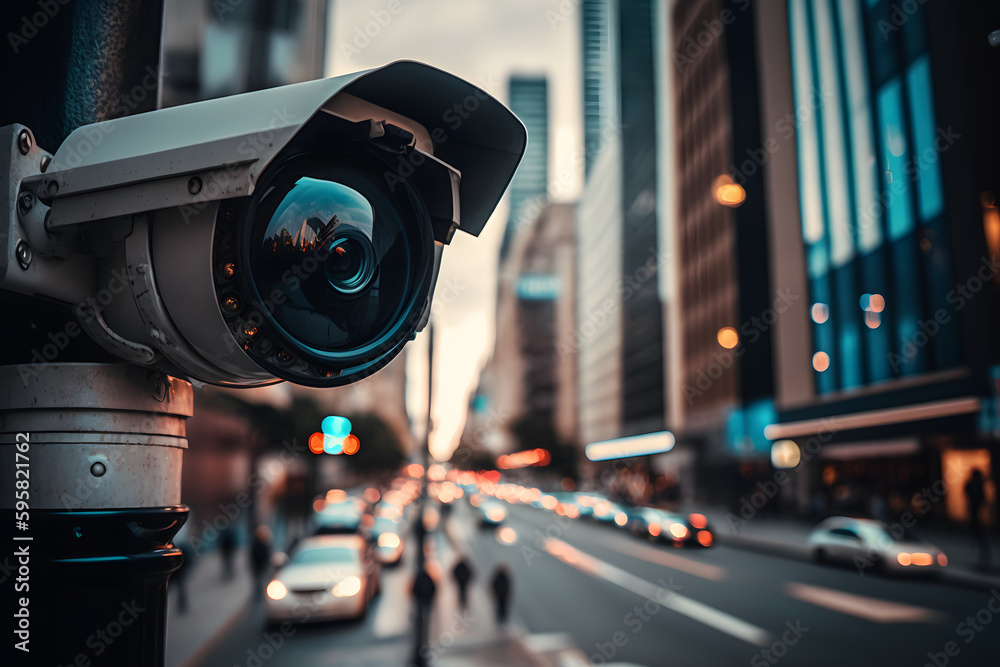 CCTV Camera or surveillance operating on street and building at night ...