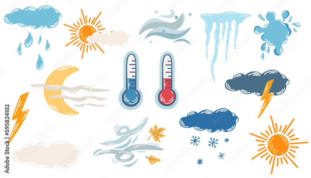 Weather Signs set. Weather forecast. Colorful weather, climate ...