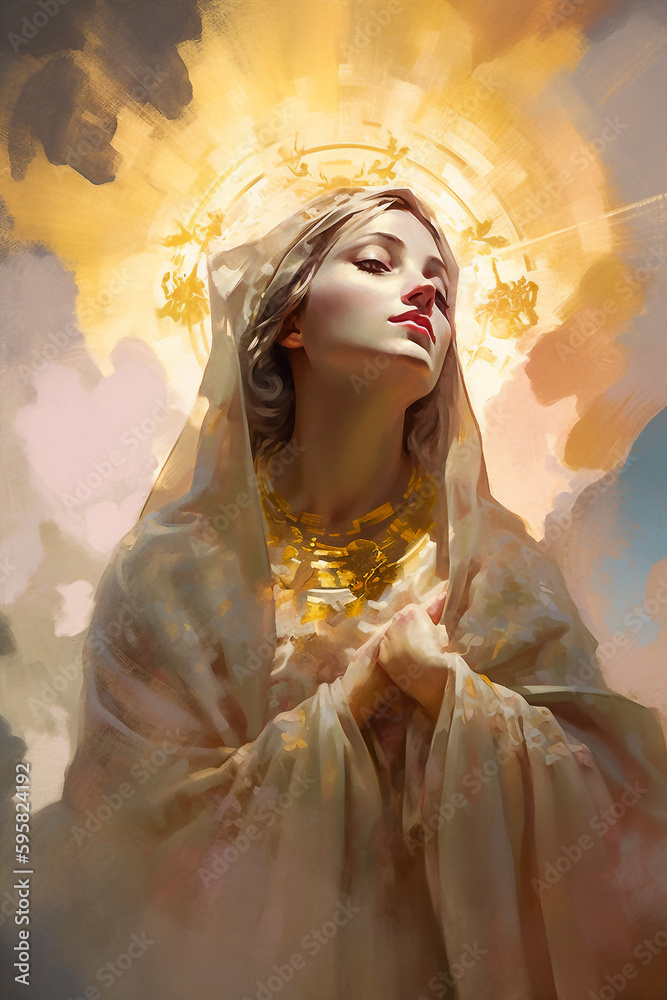 Illustration painting of the Virgin Mary mother of Jesus with golden ... Illustration painting of the Virgin Mary mother of Jesus with golden ...