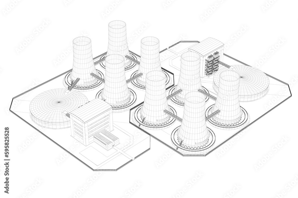 Nuclear power plant wireframe from black lines isolated on white ...