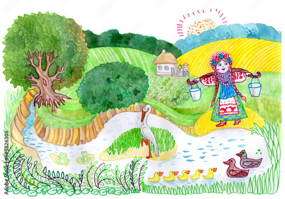 Water flows from under the sycamore tree. Illustration to a poem by ...