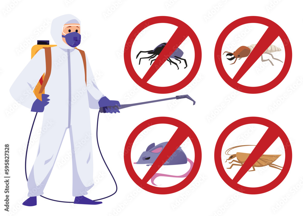 Pest control service, insects and rodents under red prohibition sign ...