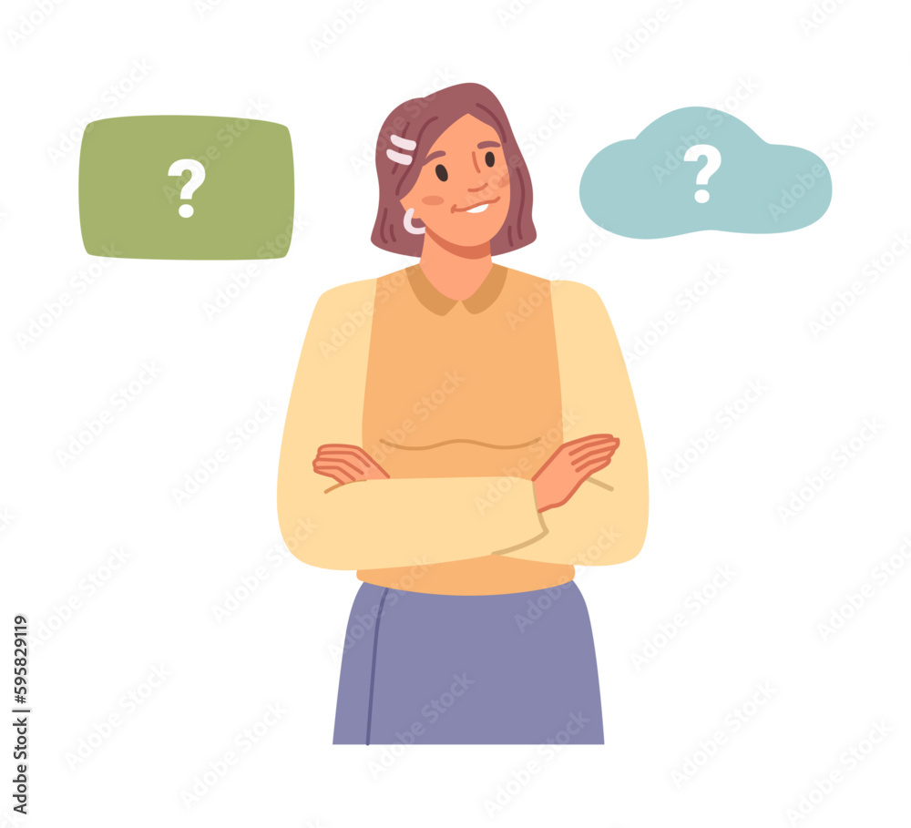 Woman making decision choosing between two options. Isolated person ...