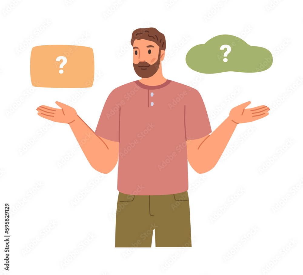 Decision making, isolated man choosing between answers. Choosing ...