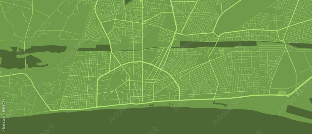 Detailed map poster of Lome, Togo city, linear print map. Olive skyline ...