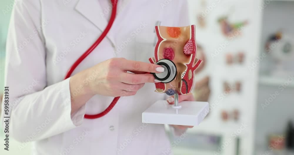 Anatomical model of rectum with hemorrhoids doctor tests with ...