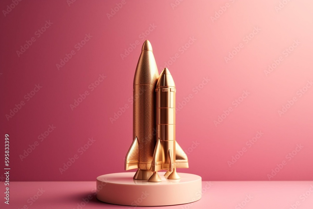 Golden euro symbol leans on rocket with shadow over pink background ...