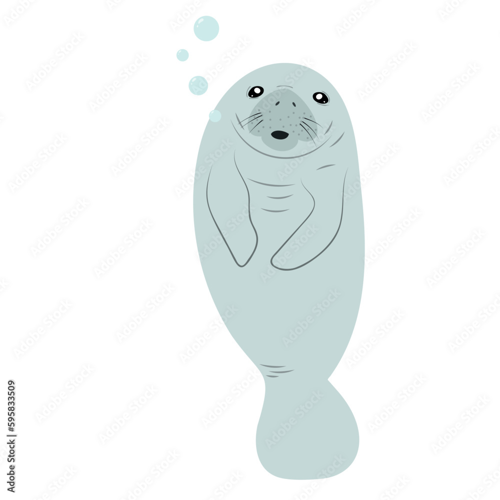 Cute cartoon manatee isolated on white background. Hand drawn vector illustration of Sea cow ...