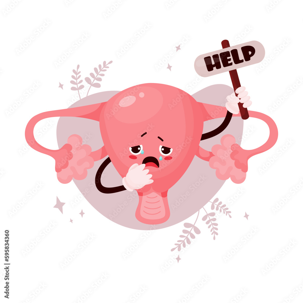 Sad female cartoon uterus. Suffering of diseased human reproductive ...