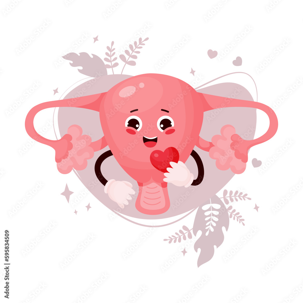 Cute Female Cartoon Uterus Happy Character With Heart In His Hands