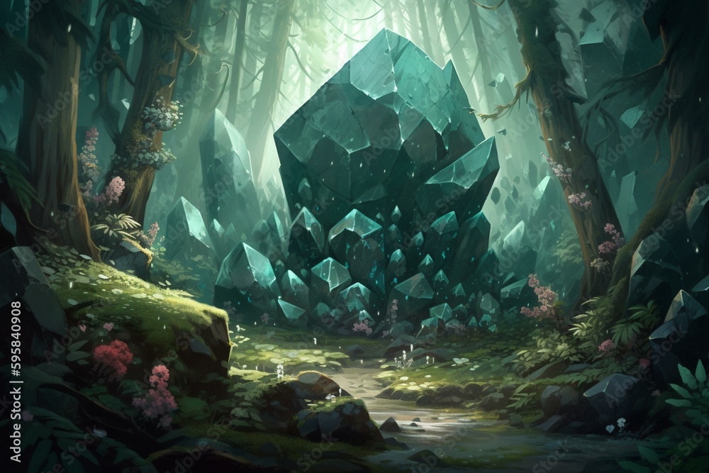 Illustration of a mysterious forest with giant diamond clusters in a ...