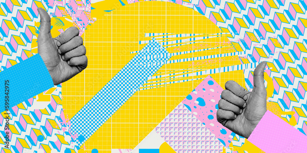 Contemporary digital collage art. thumbs up and creative background ...