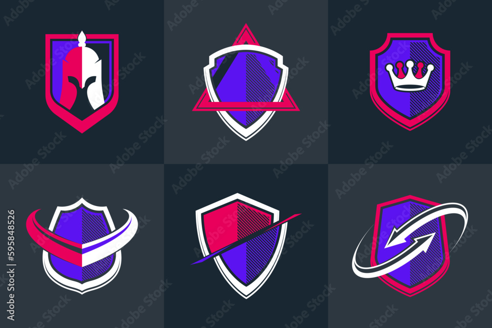 Classic shields shapes set with different additional elements vector ...