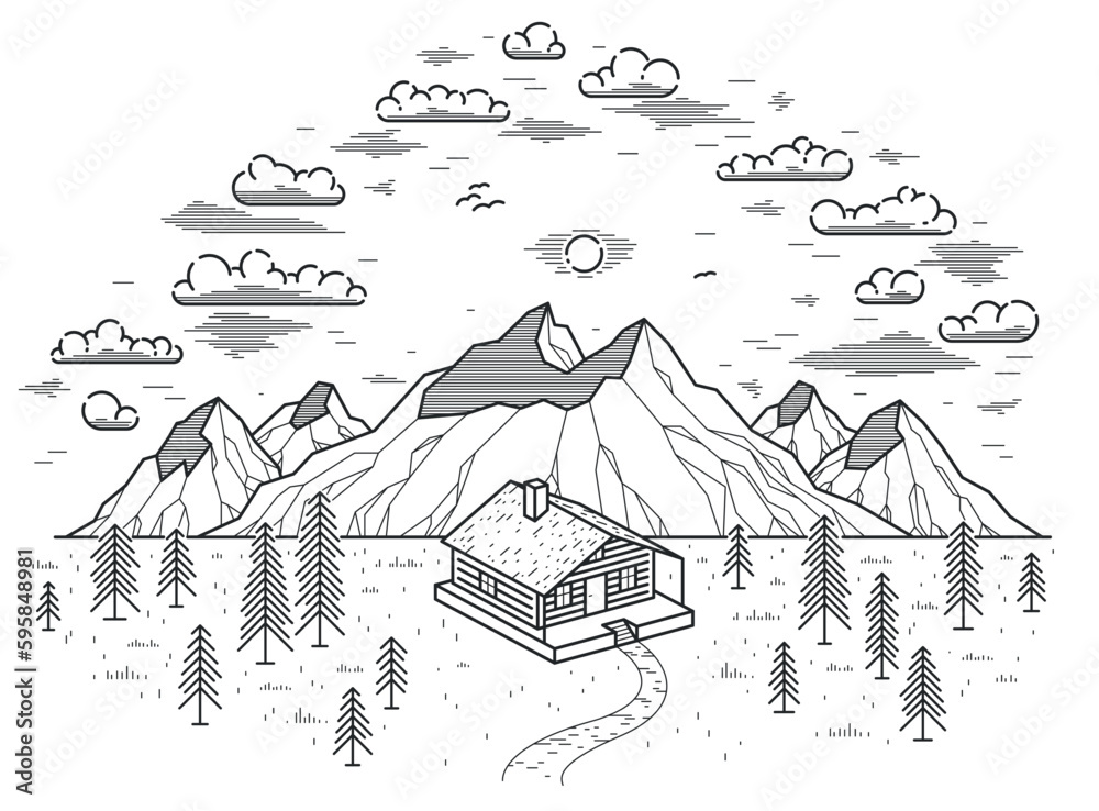 Cabin in mountains linear vector nature illustration isolated on white ...