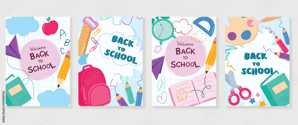 Welcome back to school cover background vector set. Cute childhood ...