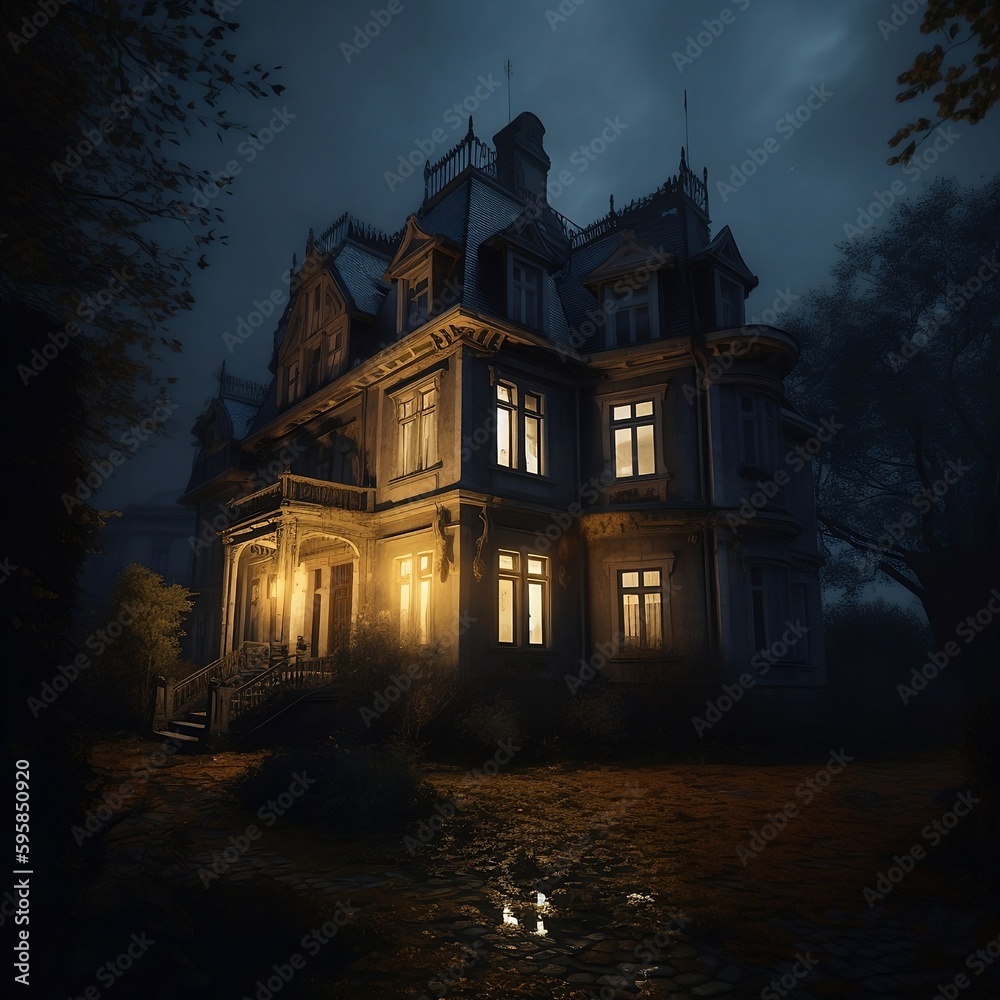 cool looking mansion, dark, yellow light coming out of the windows, AI ...