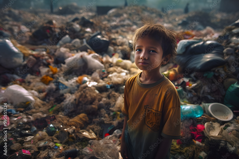 Poor homeless asian kid boy children in torn dirty clothes at the city ...
