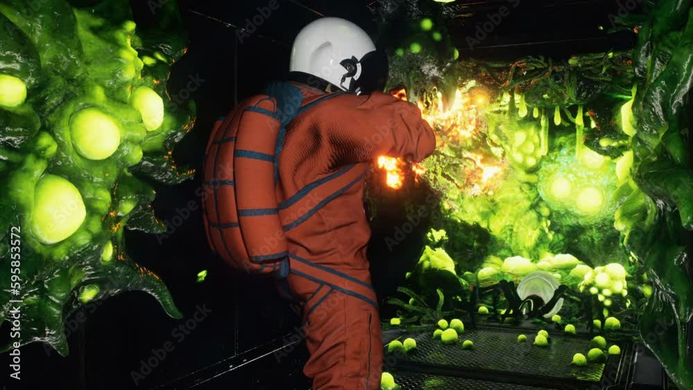 An astronaut clears the corridor of a spaceship of alien creatures with ...