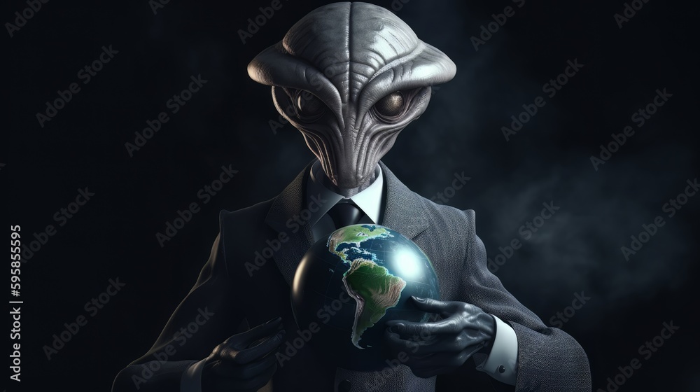 Alien dressed as a banker holding an earth planet. Generative ai Stock ...