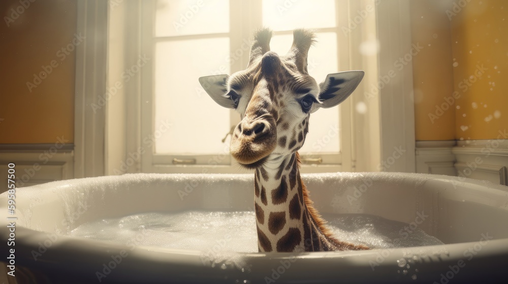 Giraffe taking a bath in a bathtub with foam, concept of Animal hygiene ...