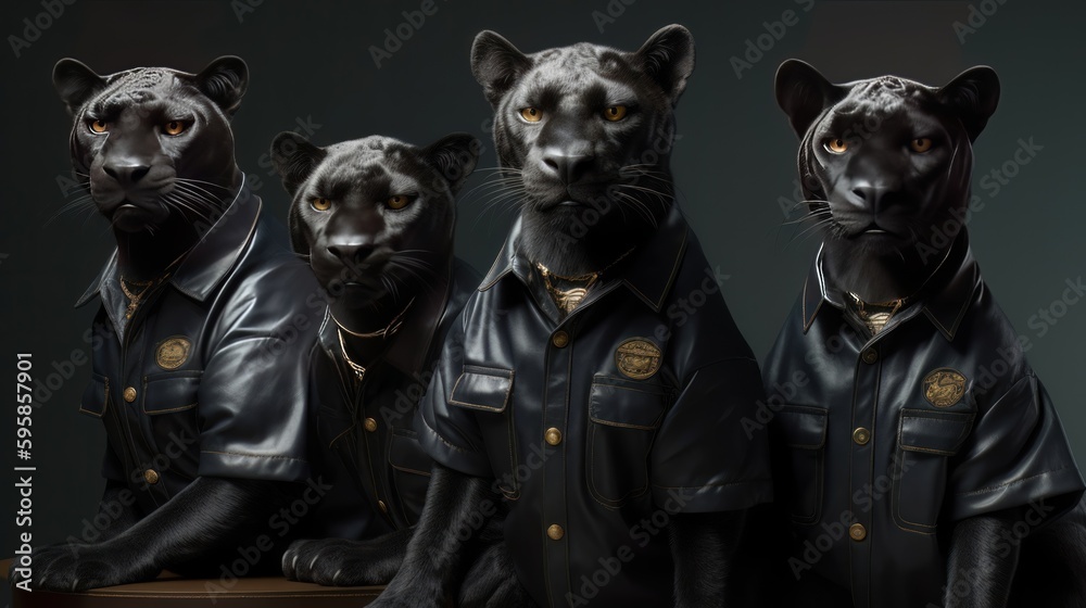 Group studio portrait of fat black panthers in the clothes. Generative ...