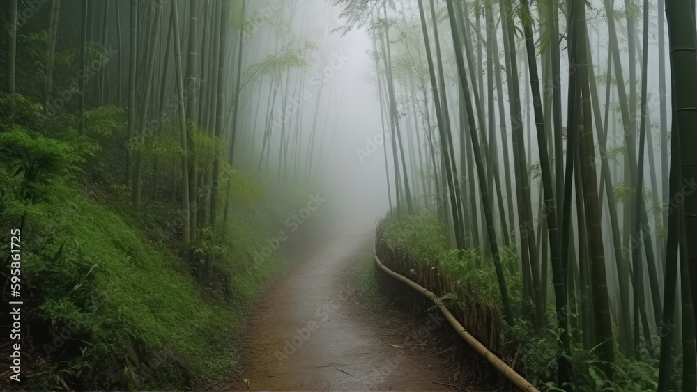 Foggy winding Bamboo path in Bamboo jungle at rainy season. A Magical ...