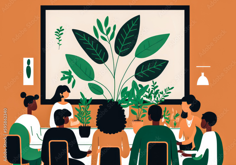 Of people working in a collaborative and vegetated environment ...