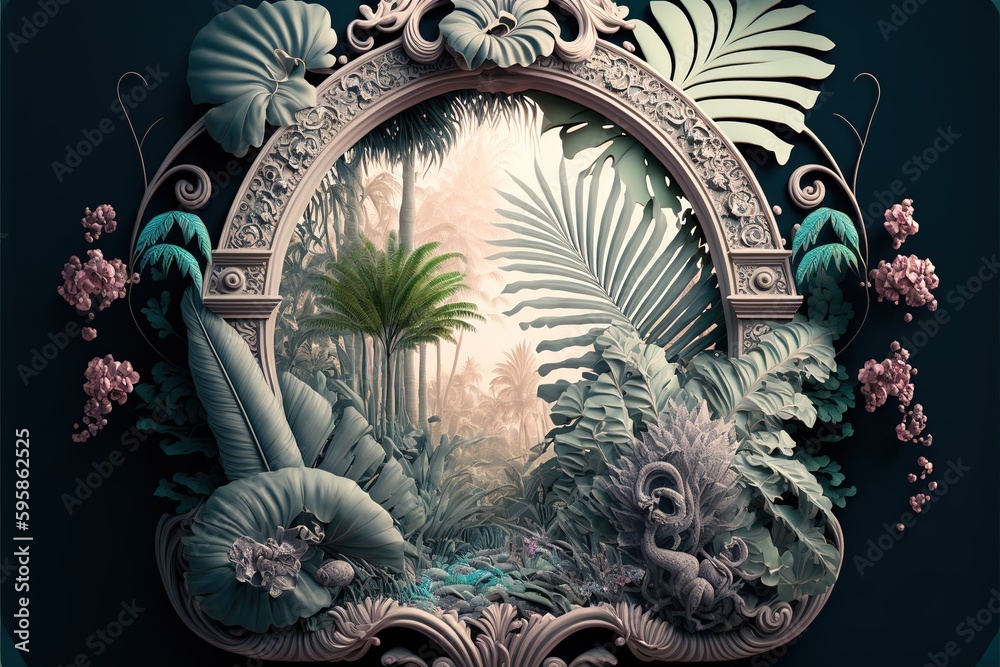 Rococo designed oval decoration with exotic jungle and tropical plant ...