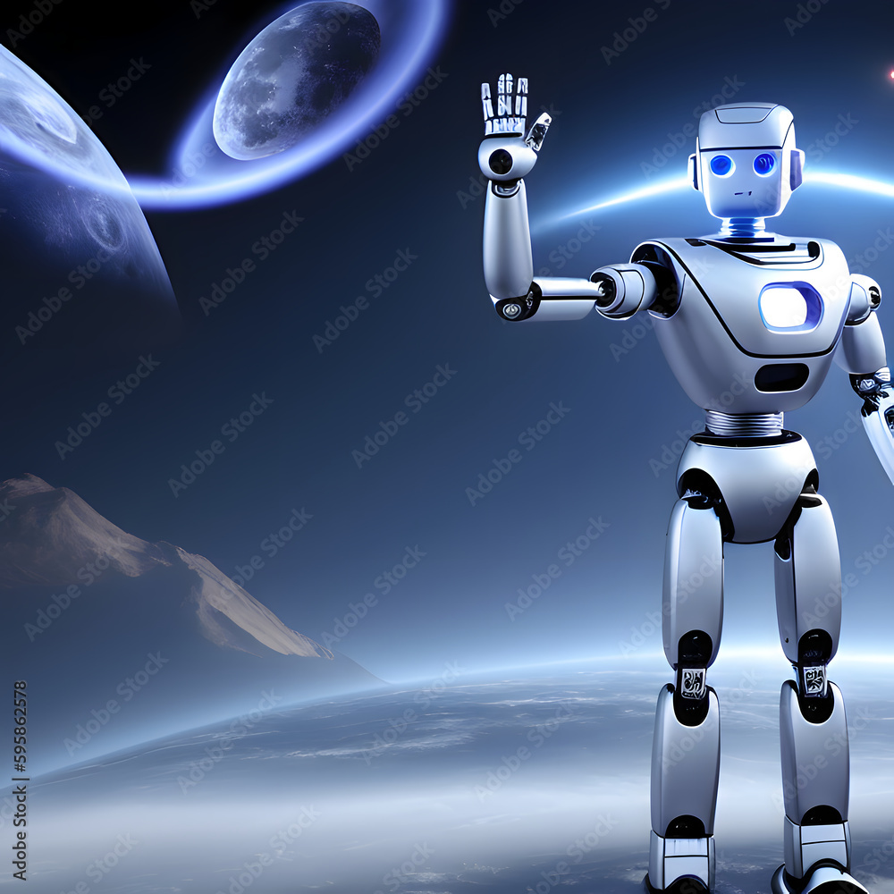 Ein riesiger Roboter steht auf einem Planeten und winkt Neuankömmlingen ...