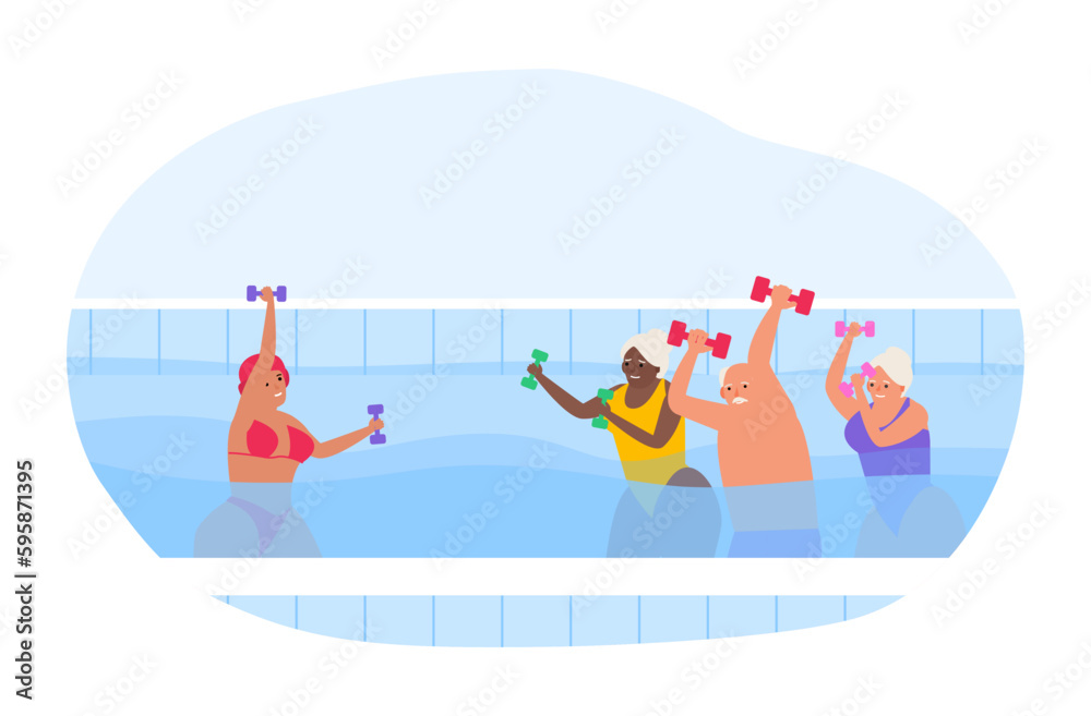 aqua fitness senior people doing exercise in the swimming pool vector ...