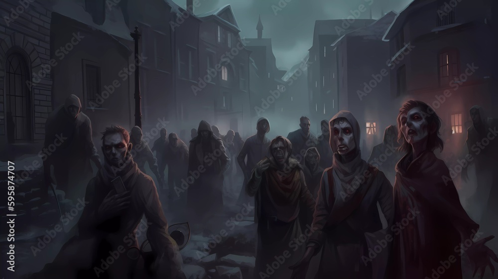 Digital fantasy illustration of a group of zombies that have taken over ...