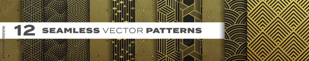 Seamless gold patterns vector set, abstract geometric shape backgrounds ...