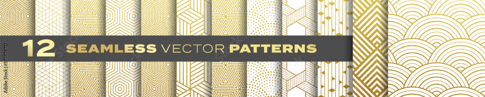 Seamless gold patterns vector set, abstract geometric shape backgrounds ...