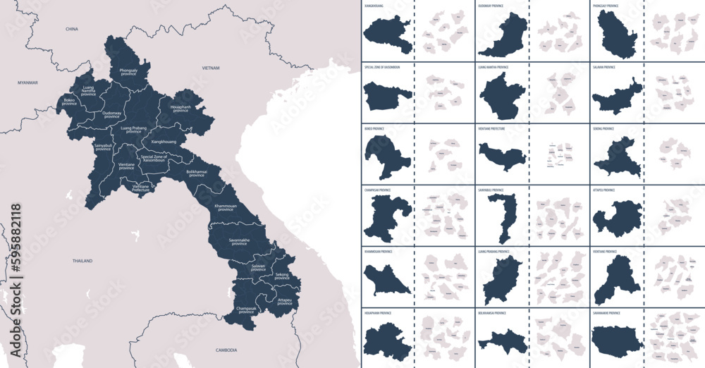 Vector color detailed map of Laos with administrative divisions of the ...