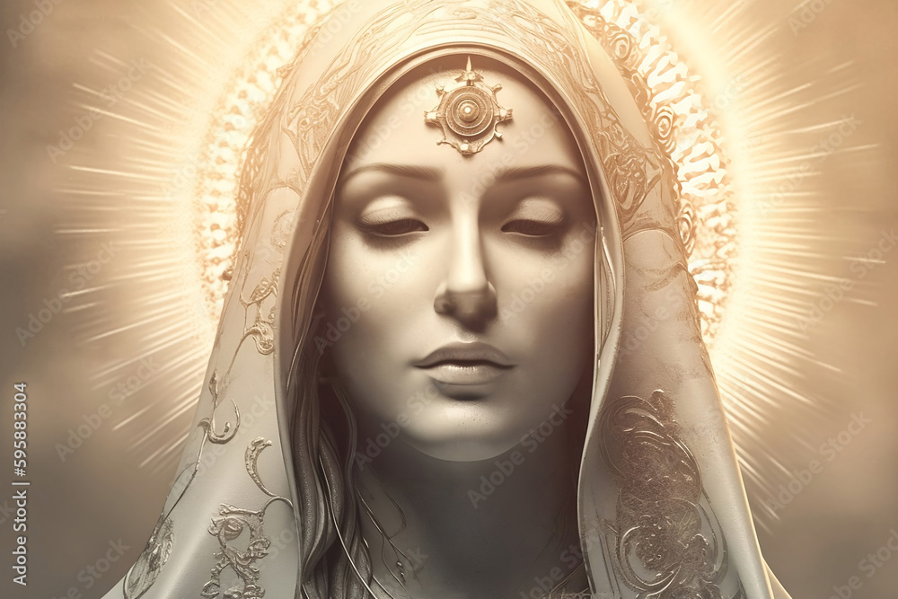 A painting of Mary in dark white and light gold style, mother of Jesus ...