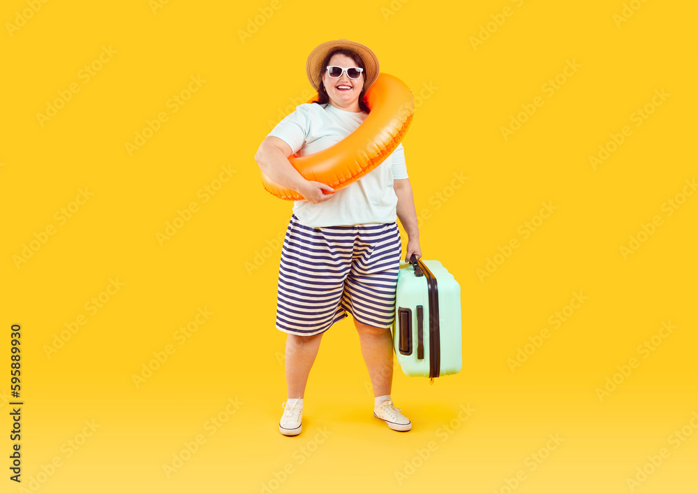 Full body photo of a happy funny fat plus size woman in sunglasses with ...