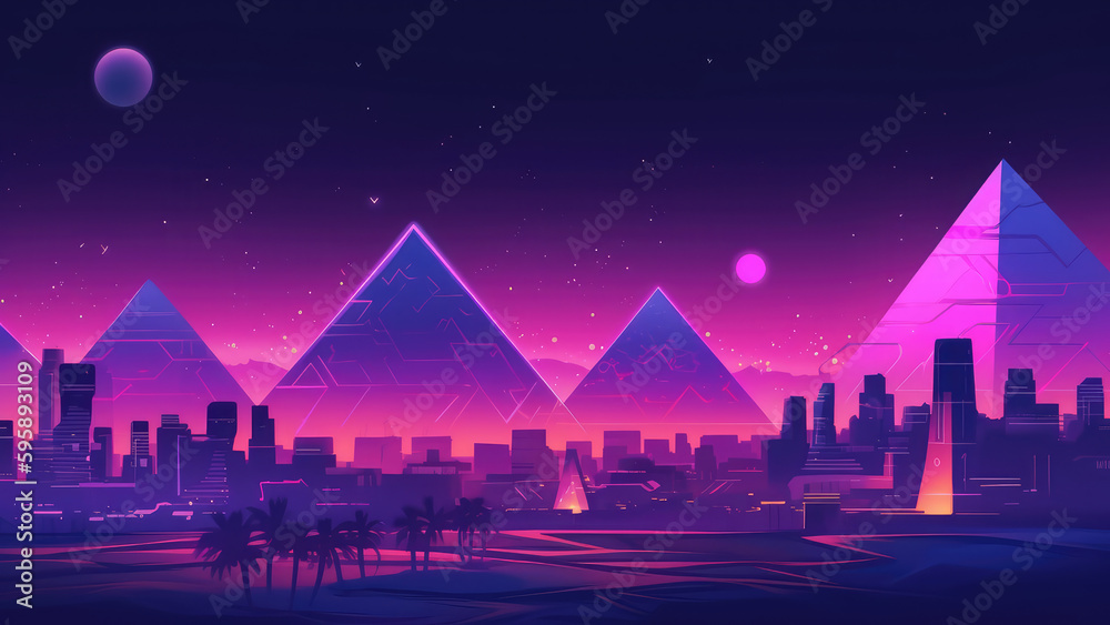 Night moon futuristic neon cairo egypt city with pyramid background ...