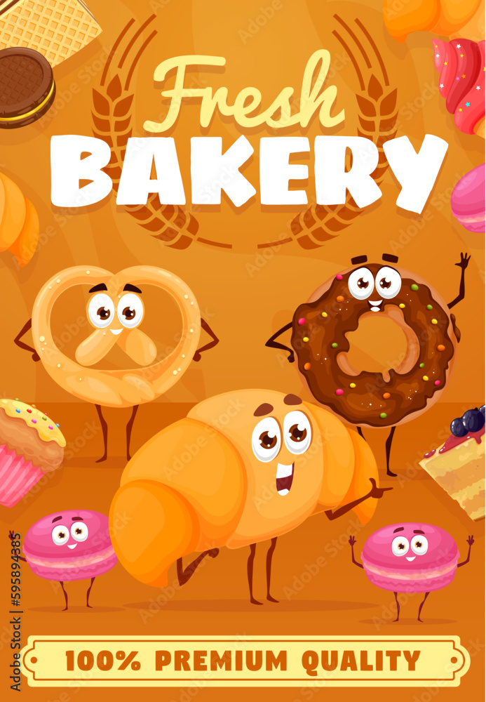 Cartoon bakery and desserts characters poster. Vector advertising card ...