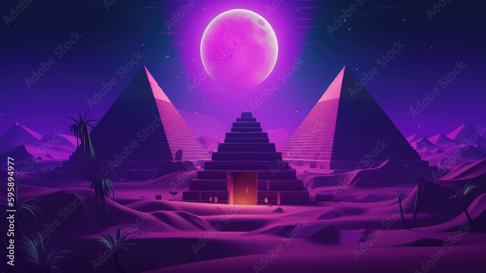 Night moon futuristic neon cairo egypt city with pyramid background ...