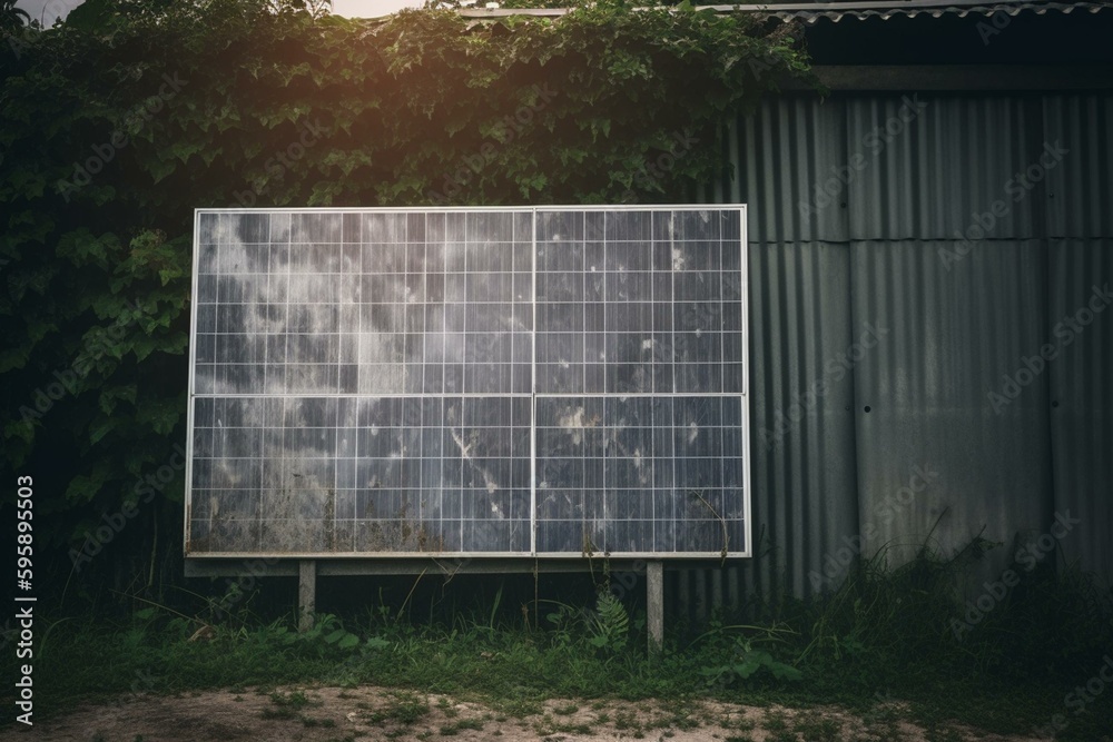 Solar panel attached to old zinc wall, utilizing renewable energy technology. Small outdoor ...